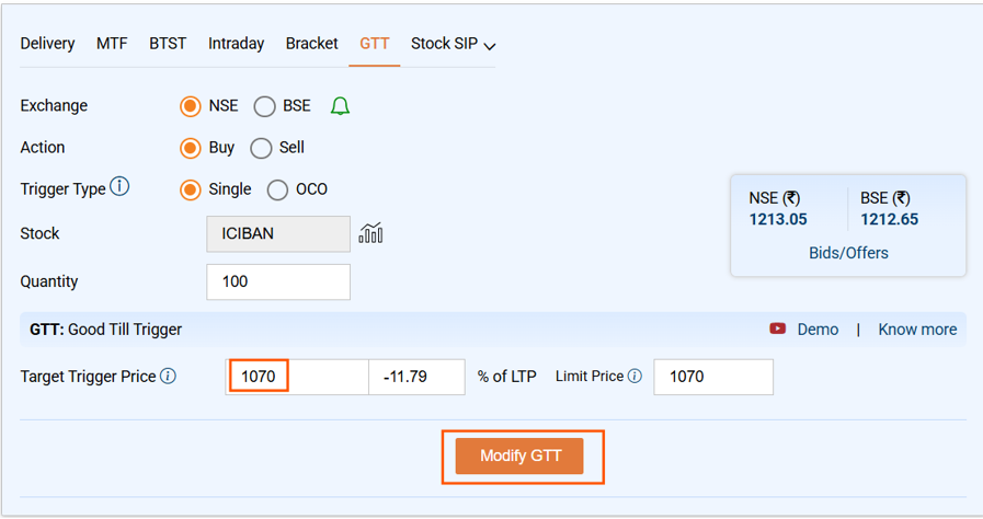 How to place a buy/sell GTT order for stocks?| ICICI Direct